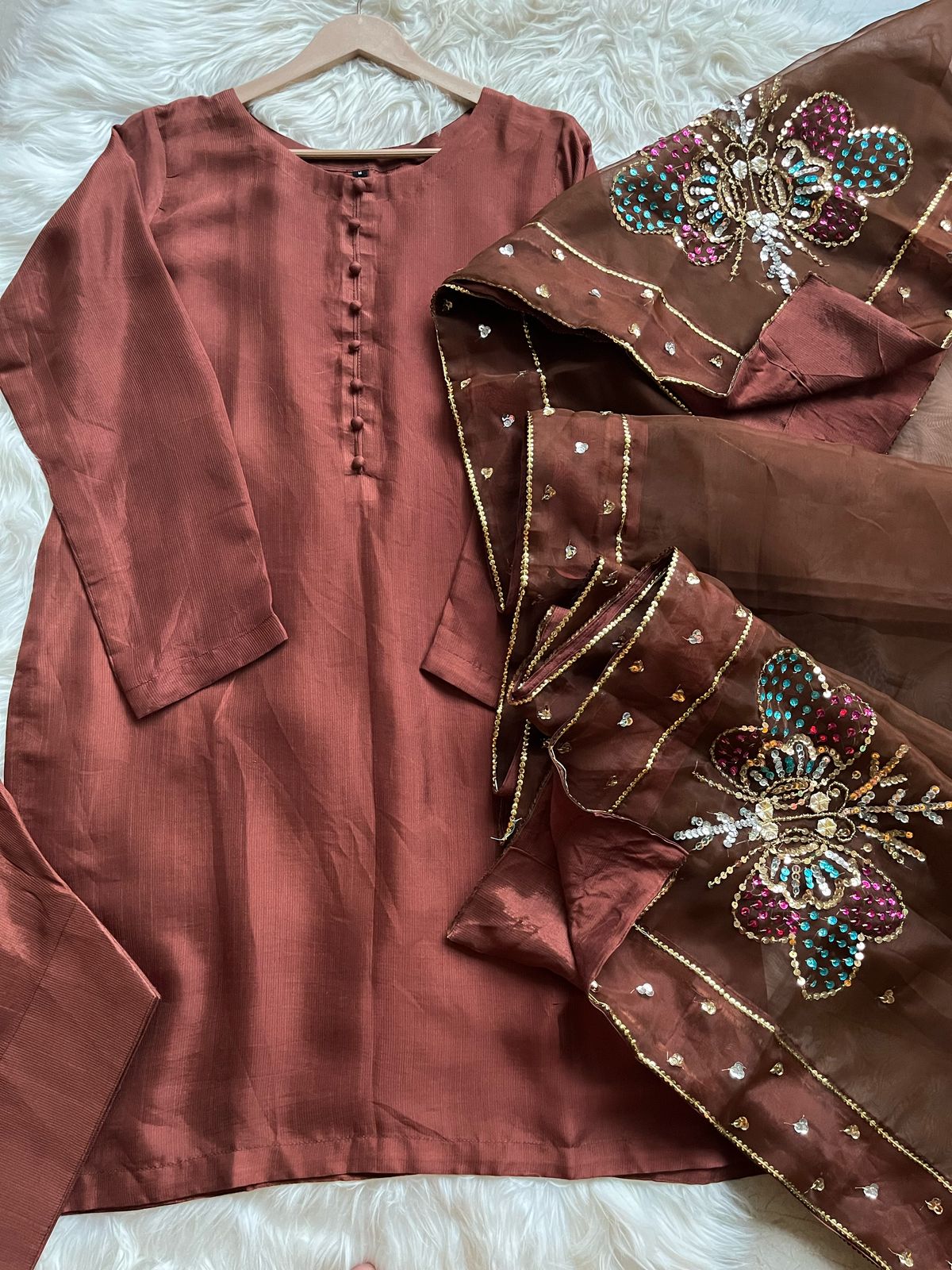 Farshi shalwar suit-D brown – LIBAS By Kiran & Asad