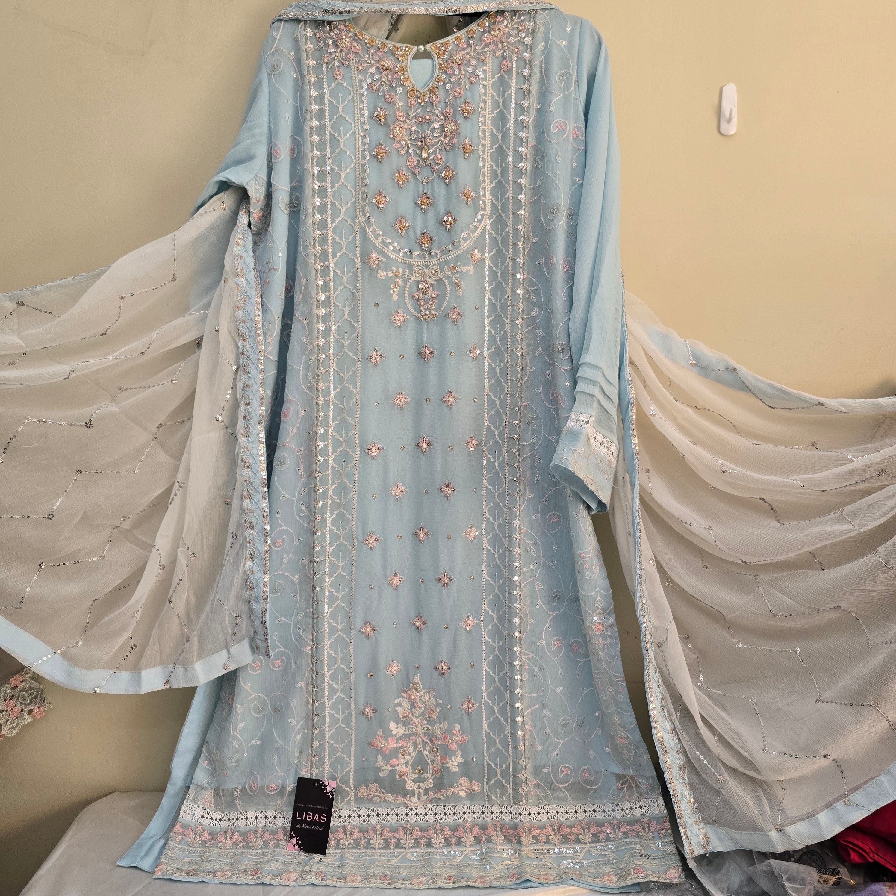 AN-Chiffon 3pc- Ferozi blue – LIBAS By Kiran & Asad